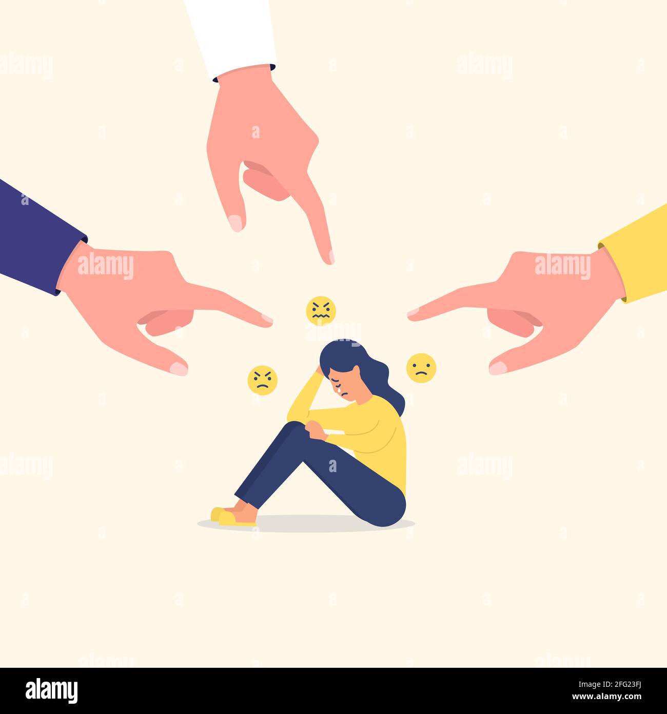 Hands of accuser pointing to sad woman sitting alone. Social media ...