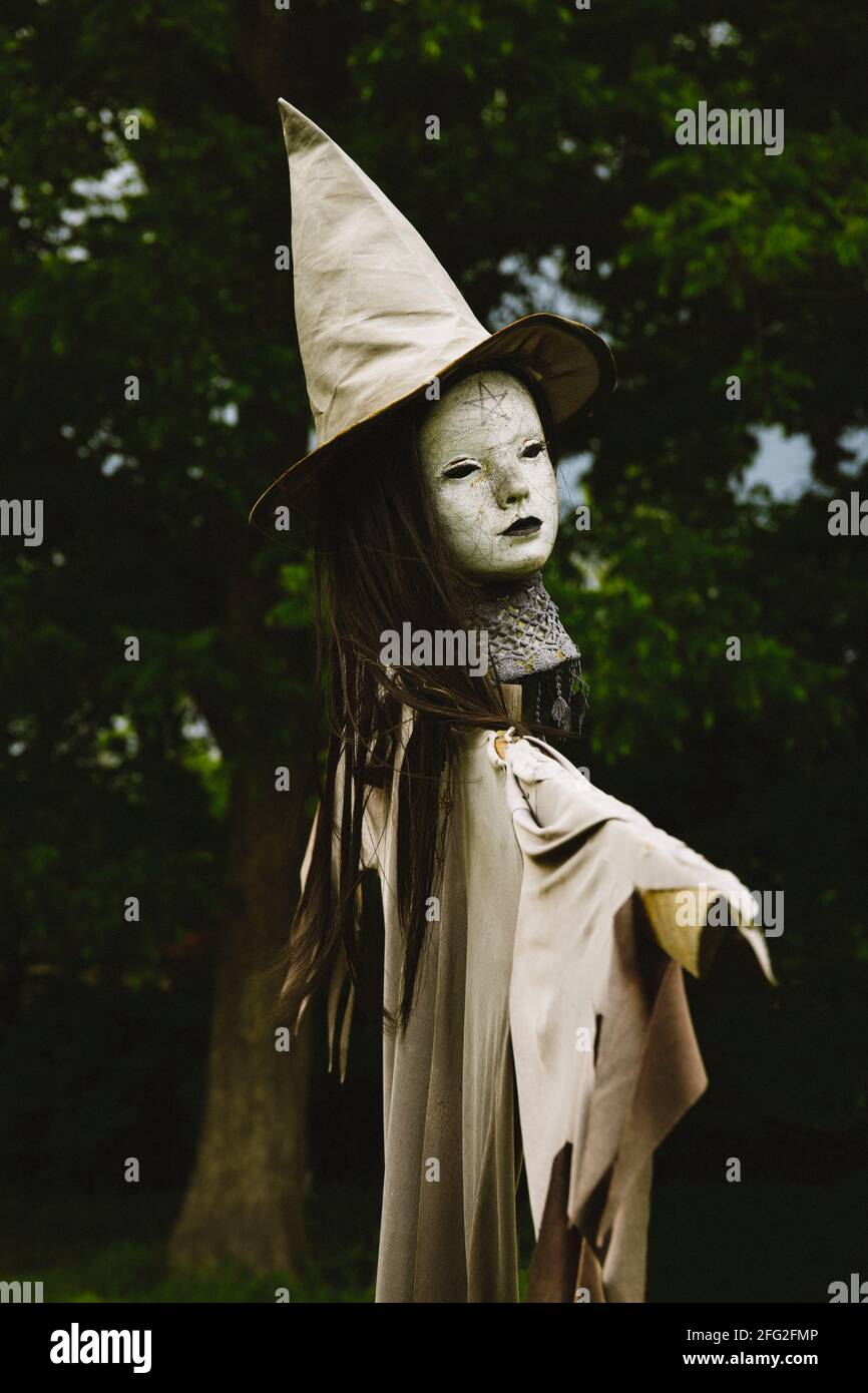 Scary witch scarecrow with pointy hat Stock Photo - Alamy