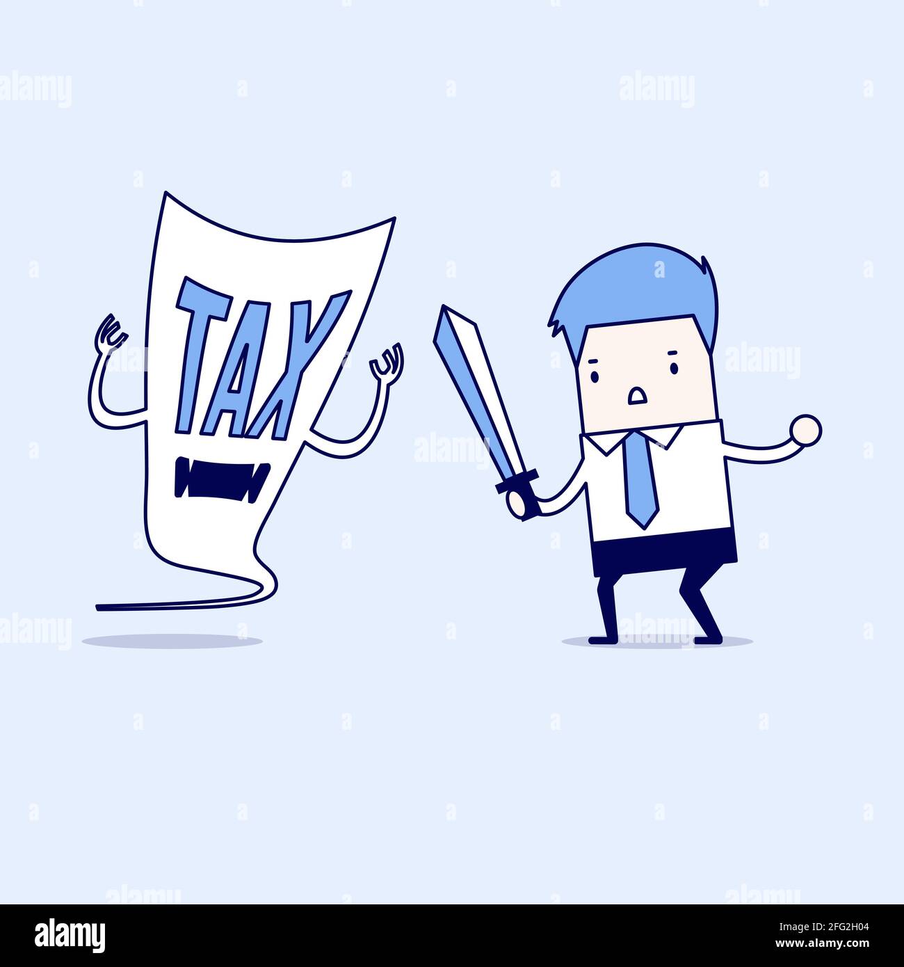 Businessman fight with a tax demon with a sword. Cartoon character thin line style vector Stock ...