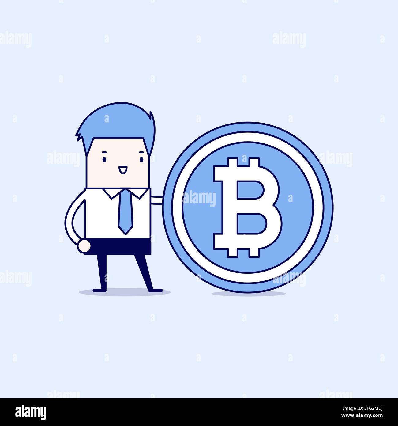 Businessman with a bitcoin. Cartoon character thin line style vector ...