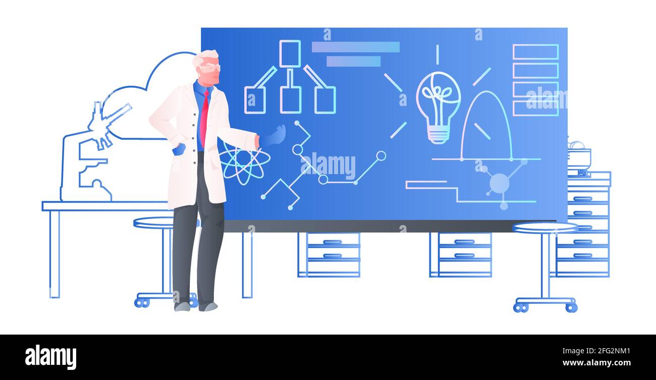male doctor scientist making presentation on board researcher analysing ...