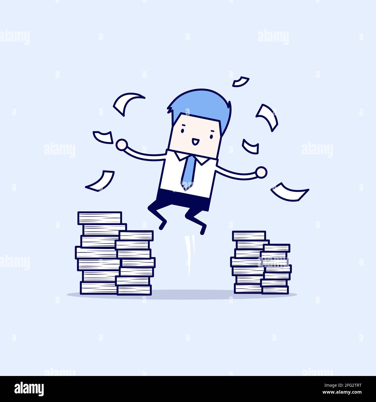 Happy businessman jumping and a mountain of documents. Cartoon ...