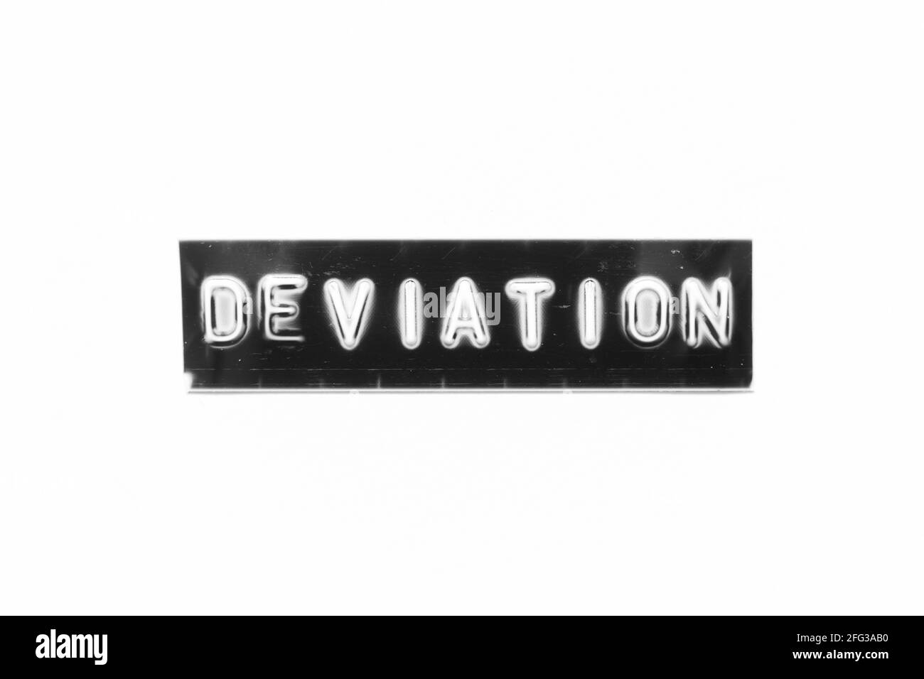Embossed letter with word deviation in black banner on white paper ...