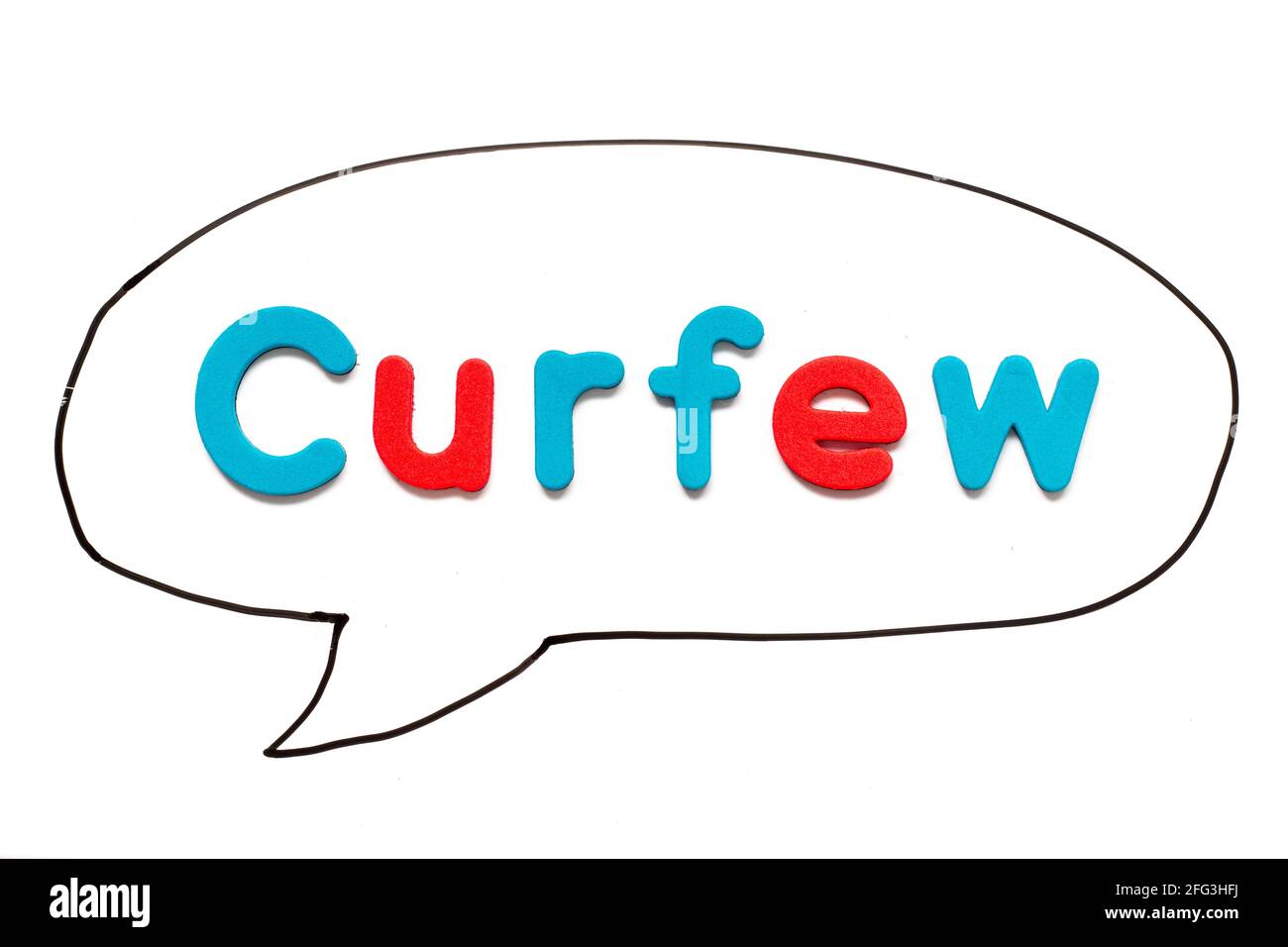 Alphabet letter with word curfew in black line hand drawing as bubble ...