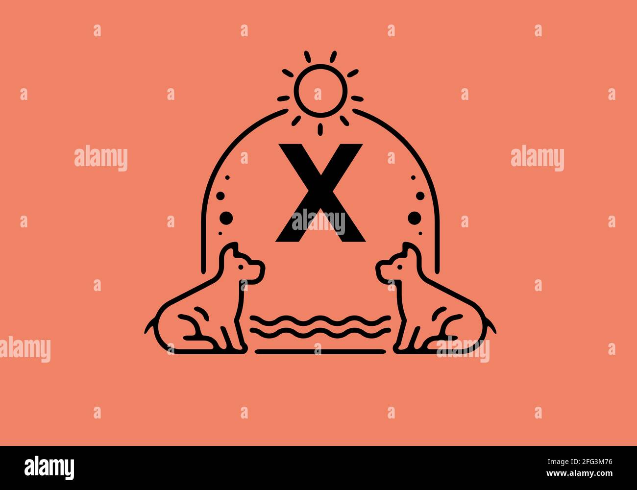 Black line art illustration of X initial letter in dog pet frame design ...
