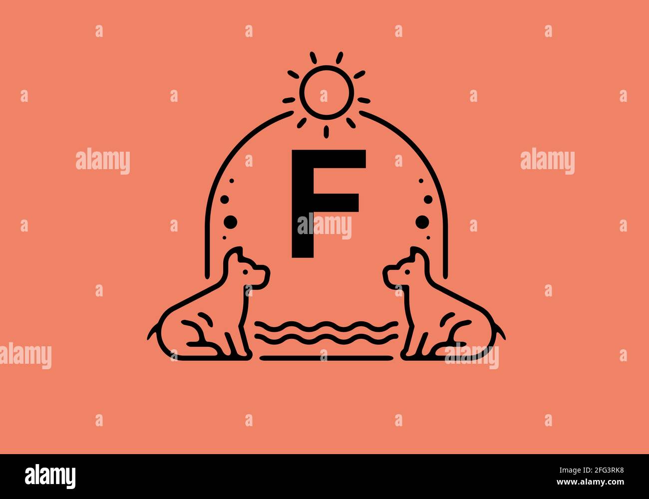 Black line art illustration of F initial letter in dog pet frame design ...