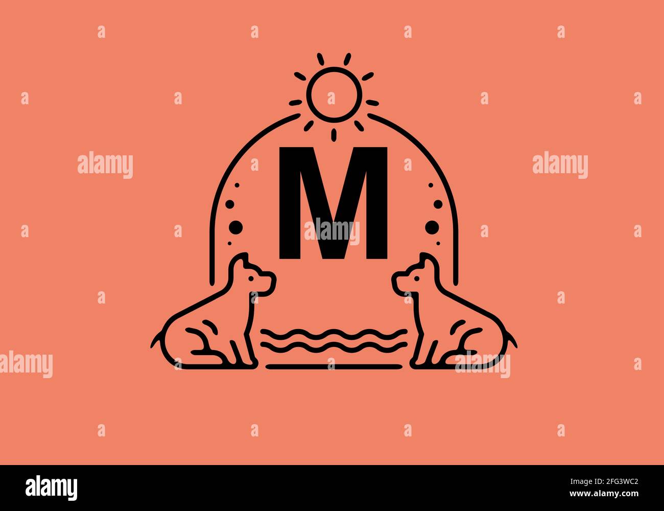 Black line art illustration of M initial letter in dog pet frame design ...