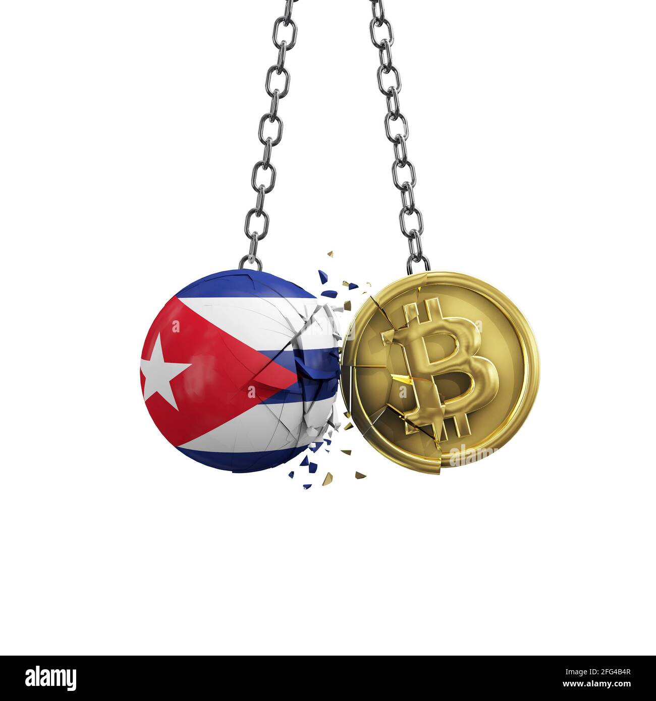 Cuba flag smashing into a gold bitcoin crypto coin. 3D Rendering Stock ...