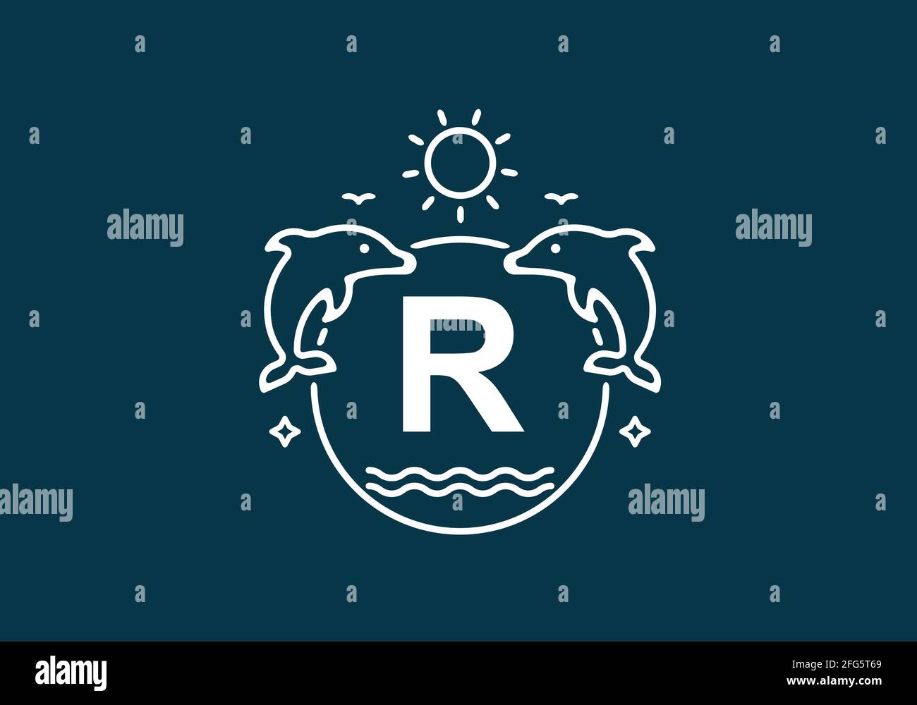 White blue color of R initial letter in dolphin and ocean frame design ...