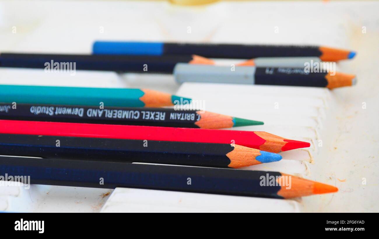 Colouring pencils lined up ready for action Stock Photo - Alamy