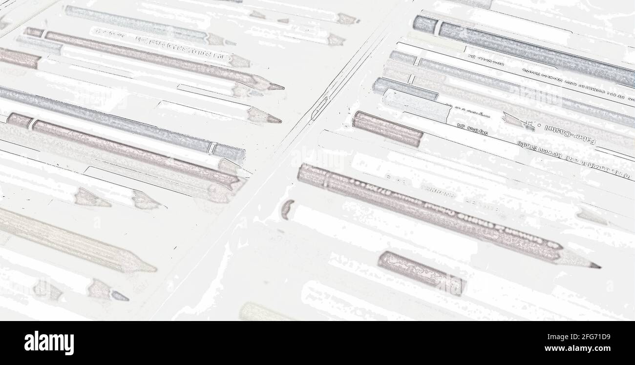 Drawing pencils in a tray shown as a drawing of pencils Stock Photo - Alamy