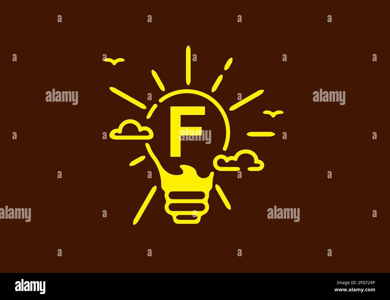Yellow color of F initial letter in bulb shape with dark background ...