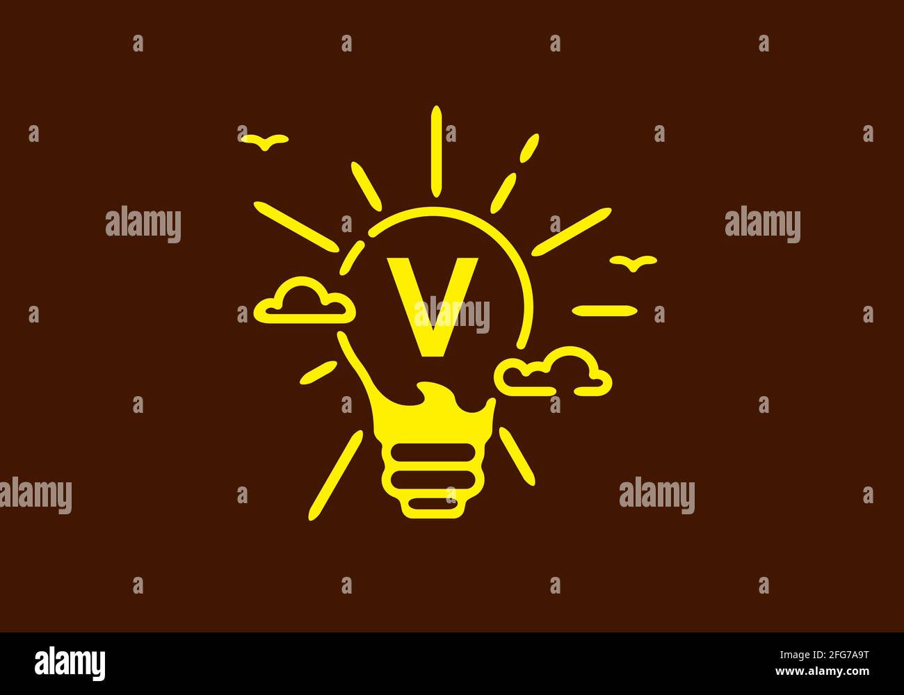 Yellow color of V initial letter in bulb shape with dark background ...