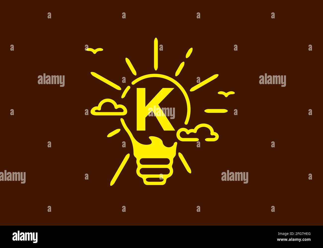 Yellow color of K initial letter in bulb shape with dark background ...