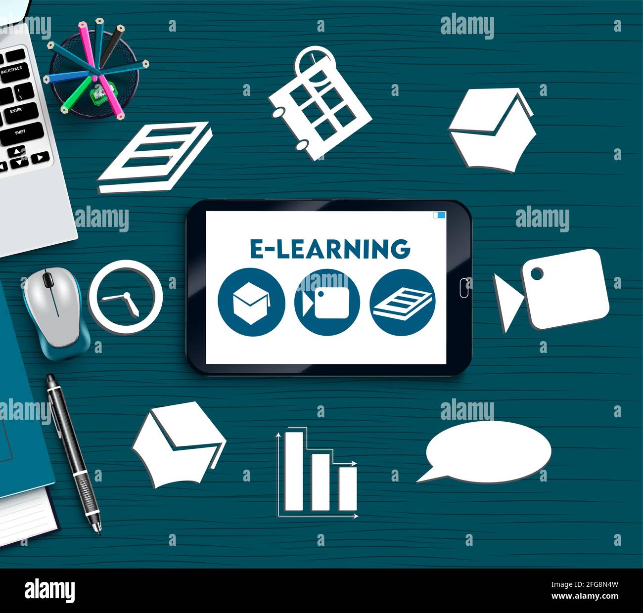 E-learning education vector banner background. E-learning text in smart ...