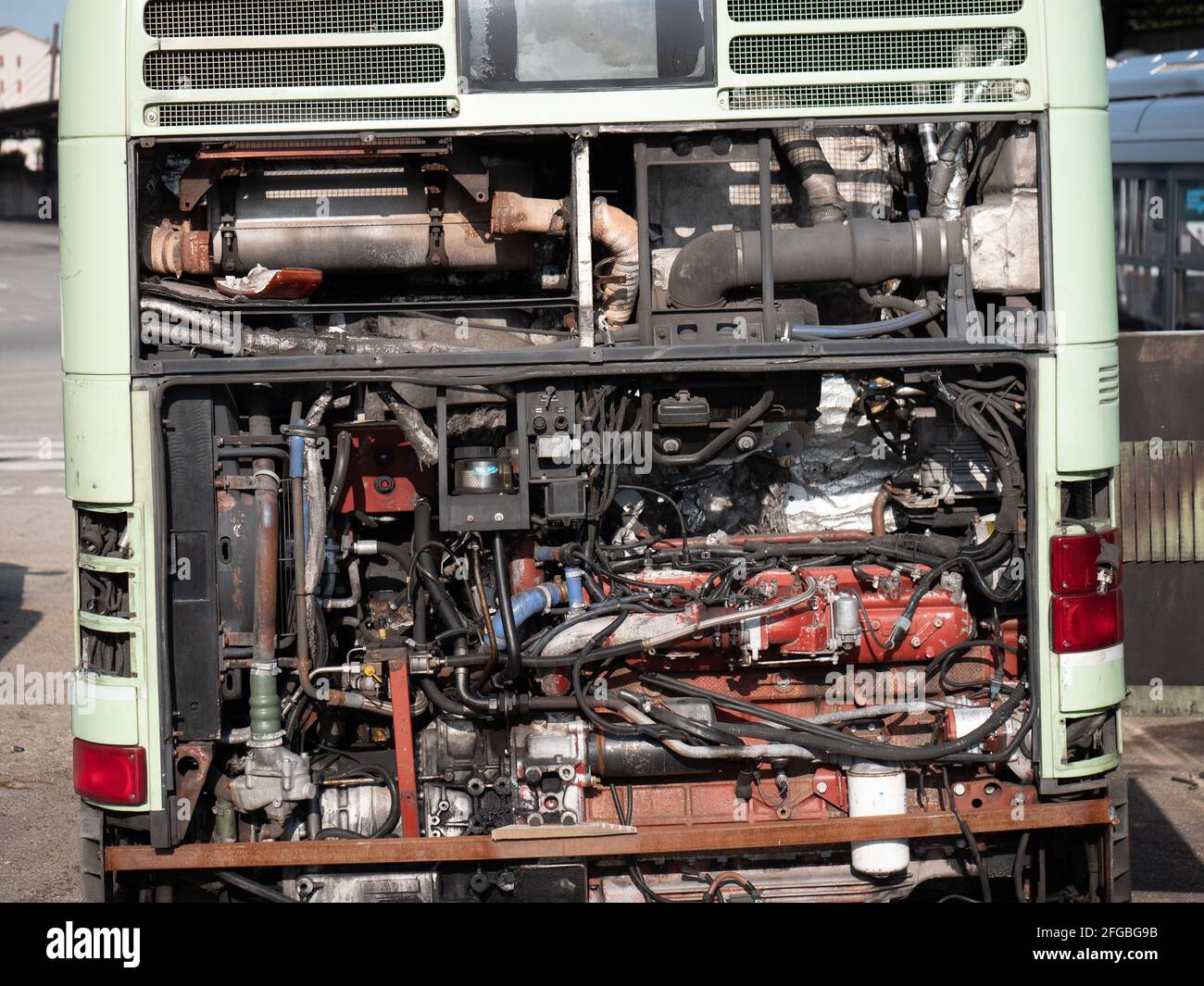Close-up View of a Bus Engine with the Hood Raised Stock Photo - Alamy