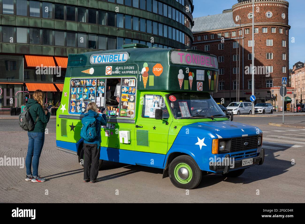 People queuing in front of ice cream van or truck in Hakaniemi district ...