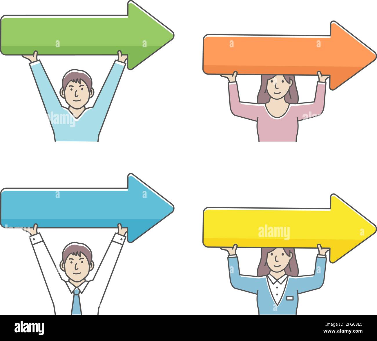 Young person holding arrow sign vector illustration set Stock Vector ...