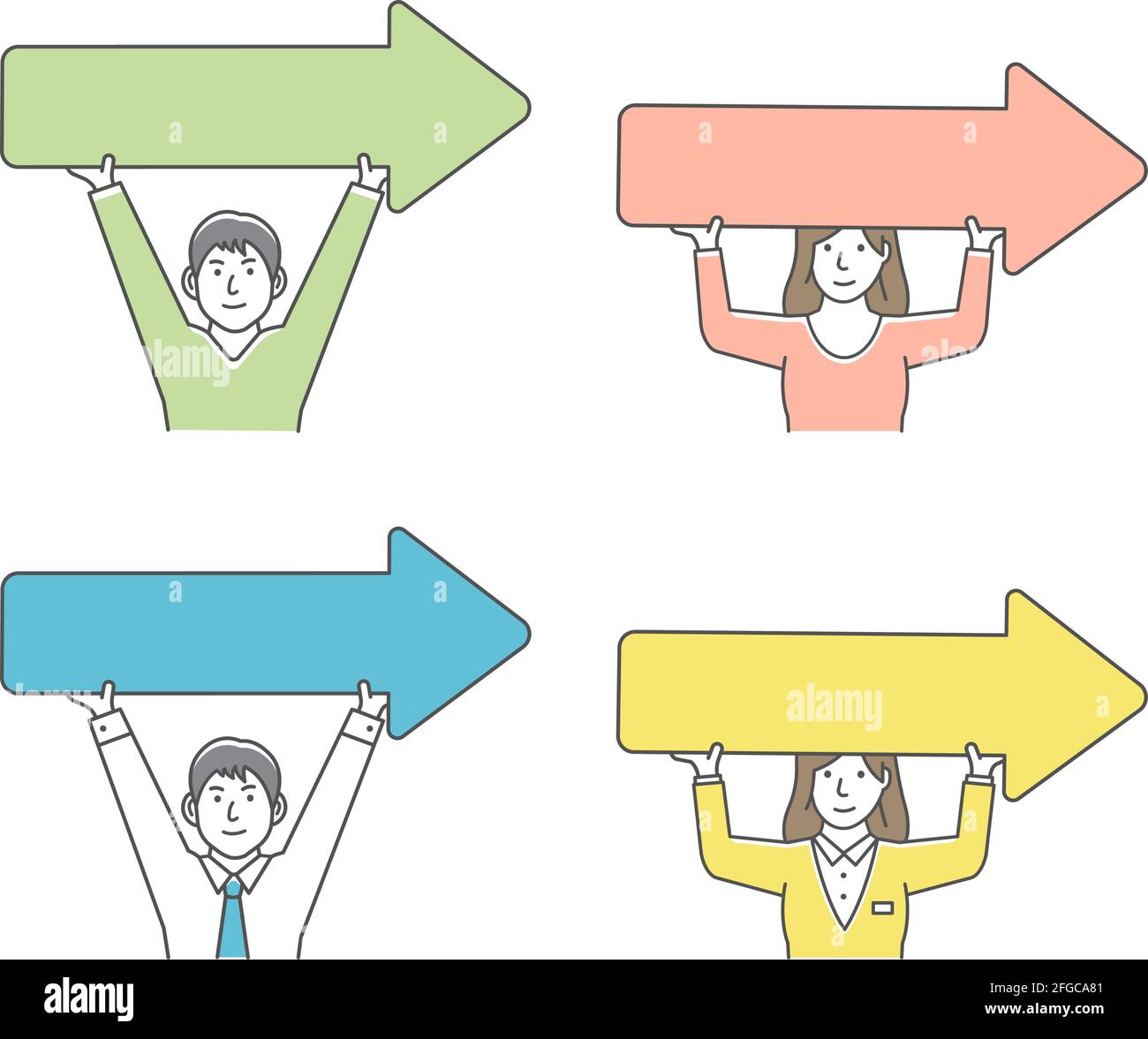 Young person holding arrow sign vector illustration set Stock Vector ...