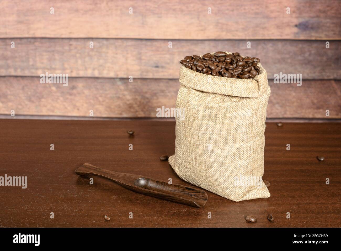 Coffee beans. Hard roasted coffee beans in jute burlack sack and coffee spatula, on the brown ...