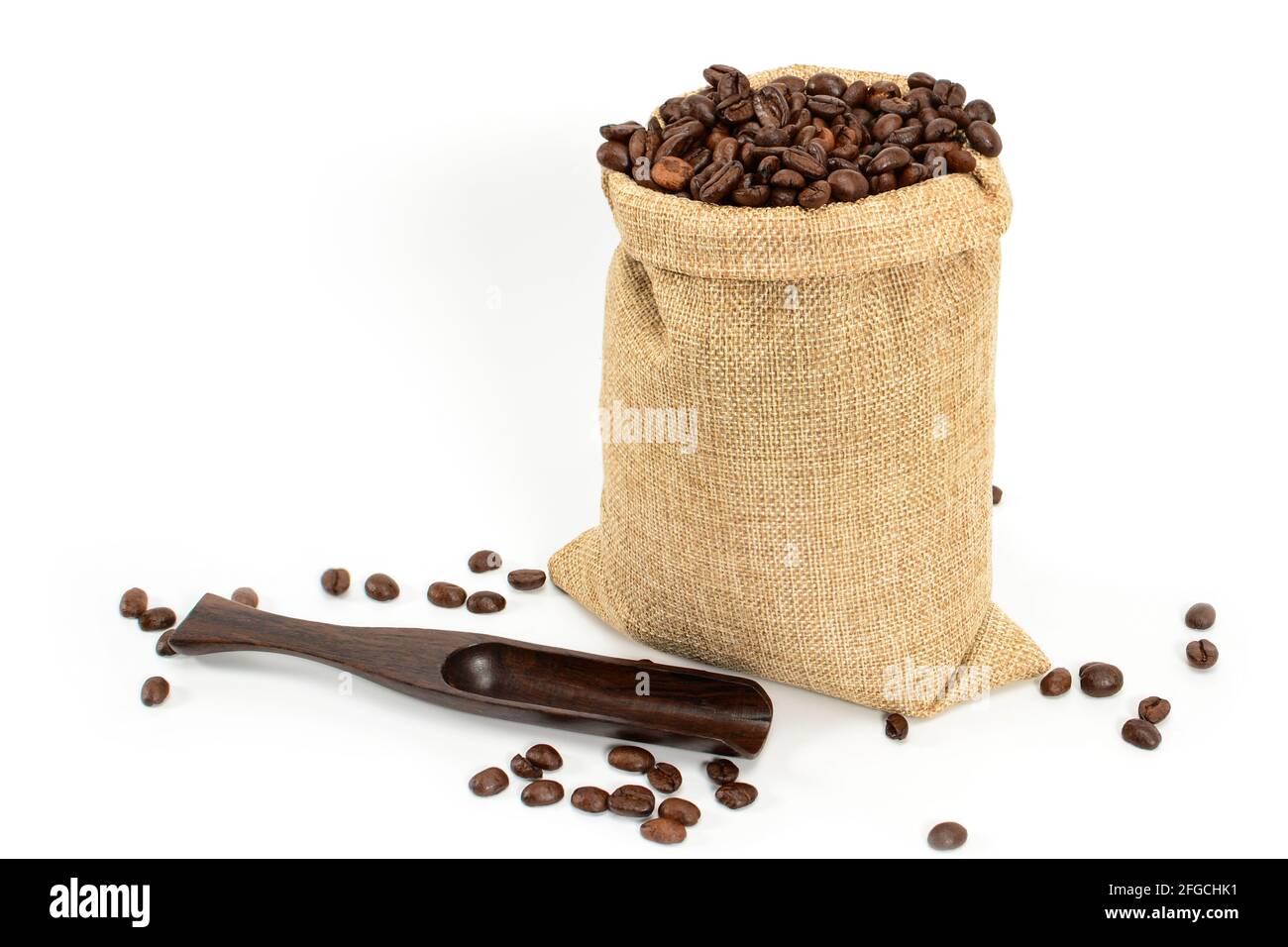 Coffee beans. Jute burlack sack with roasted coffee beans and coffee ...
