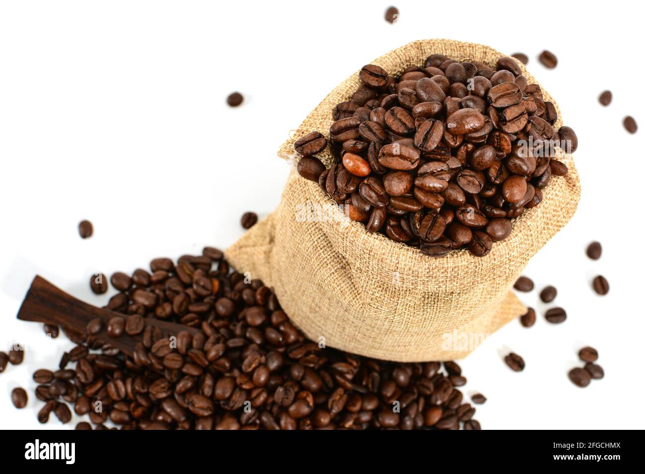 Coffee beans. Jute burlack sack with roasted coffee beans and coffee ...