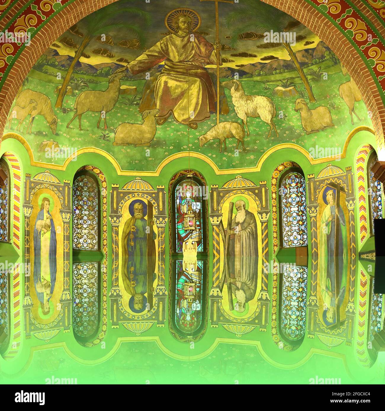 Beautiful frescoes and stained glass windows in the presbytery of the ...