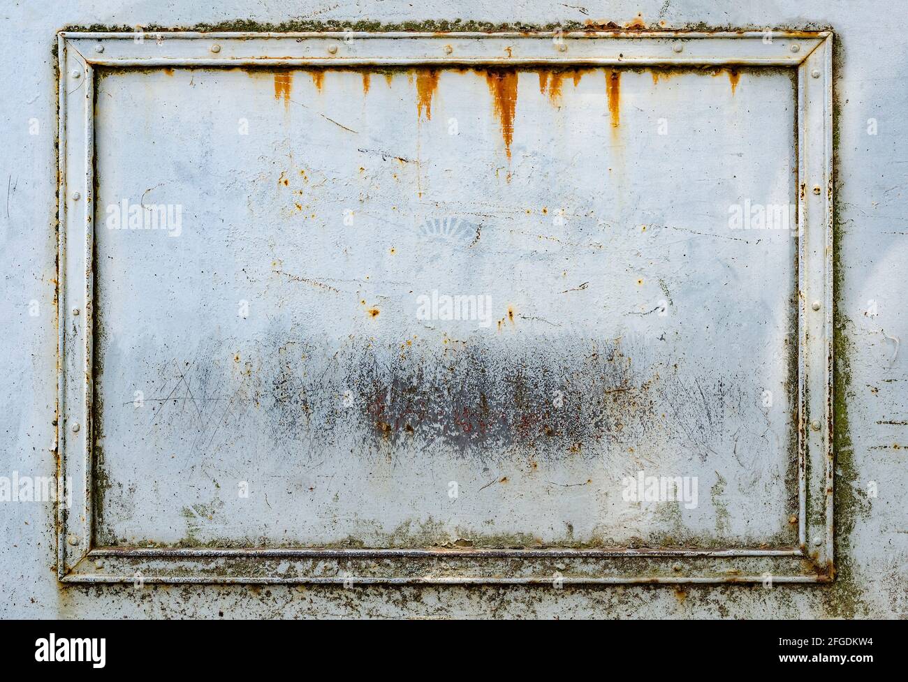 White painted grungy rusty metal frame with rivets for background Stock ...