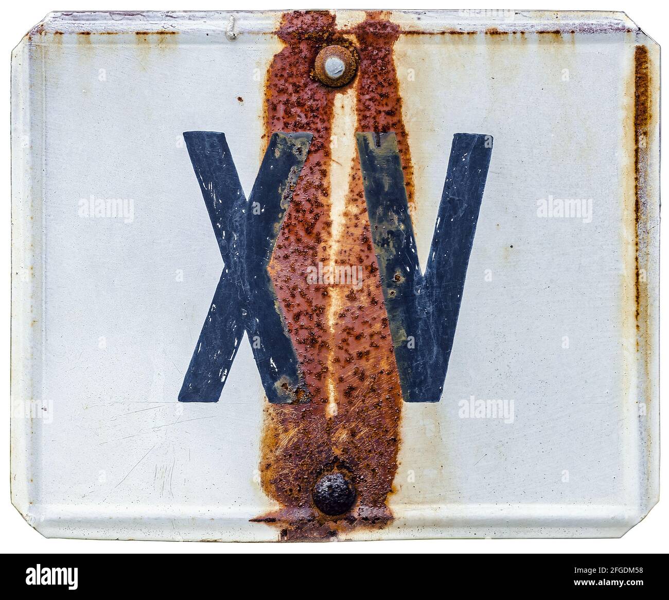 Grungy black roman number XV - 15 - on white background, rusty metal ...