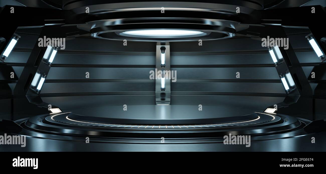 Empty light blue studio room futuristic Sci Fi big hall room with ...