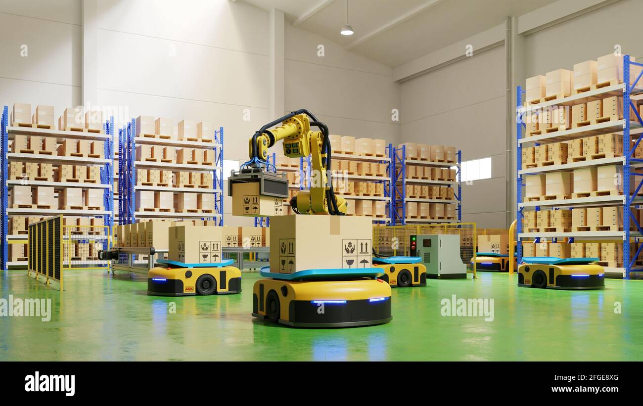 Factory Automation with AGV and robotic arm in transportation to ...