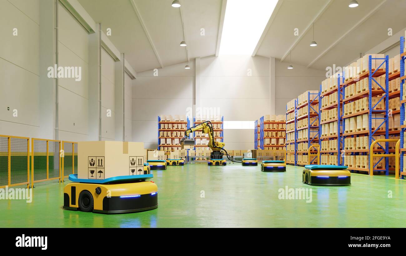 Factory Automation with AGV and robotic arm in transportation to ...