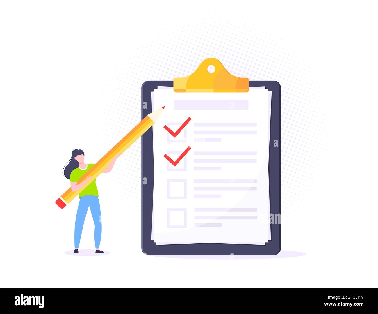 Checklist complete business concept tiny people with pencil nearby ...