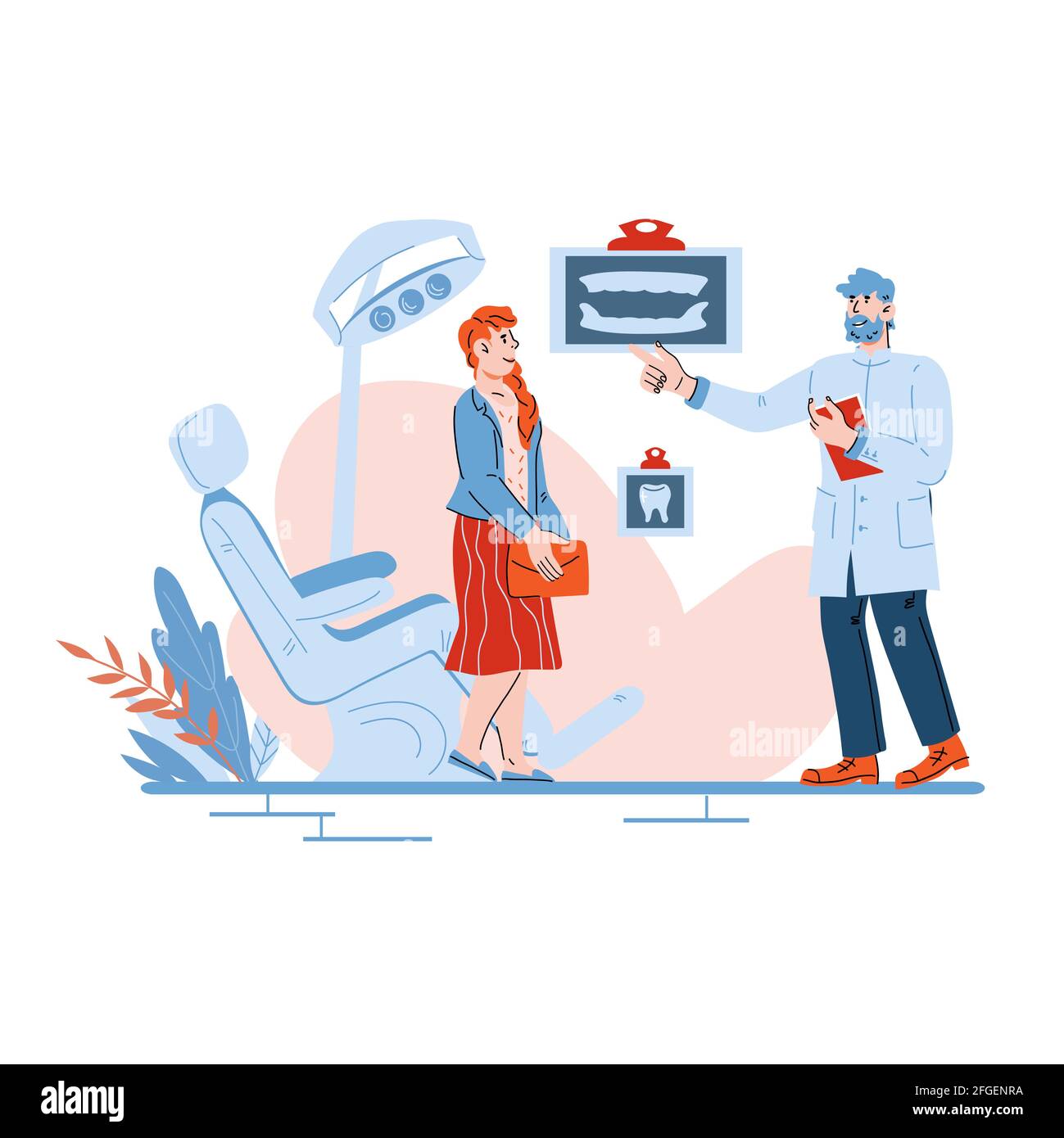 Dentist doctor prescribes a treatment plan for the patient, cartoon ...