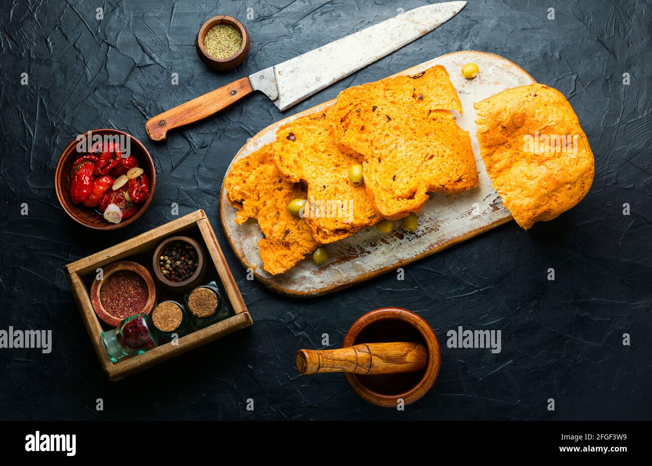 Homemade bread with sun-dried tomatoes, olives and rosemary Stock Photo ...