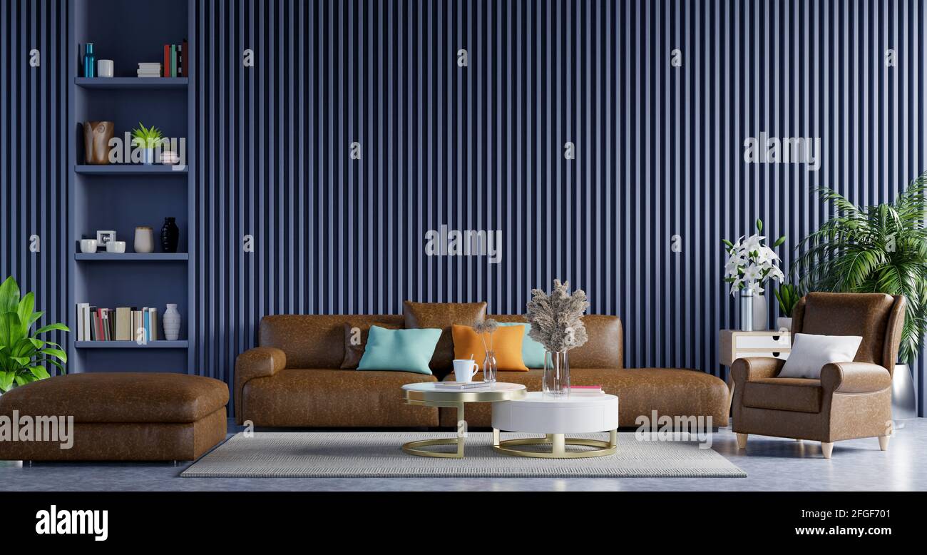 Modern living room interior with sofa and green plants,lamp,table on ...