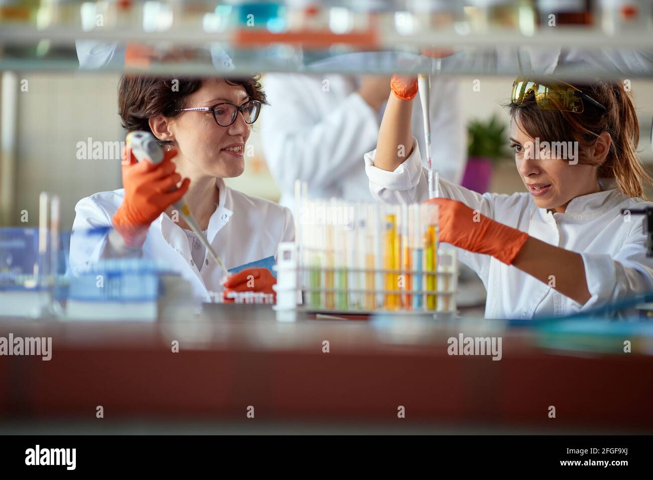 Young female chemistry students chatting while working with pipettes ...