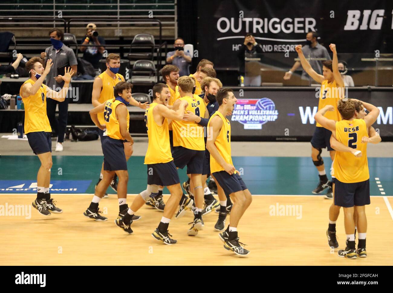 Honolulu, Hawaii, USA. April 24 2021: UC Santa Barbara players celebrate as the Gauchos seal the ...