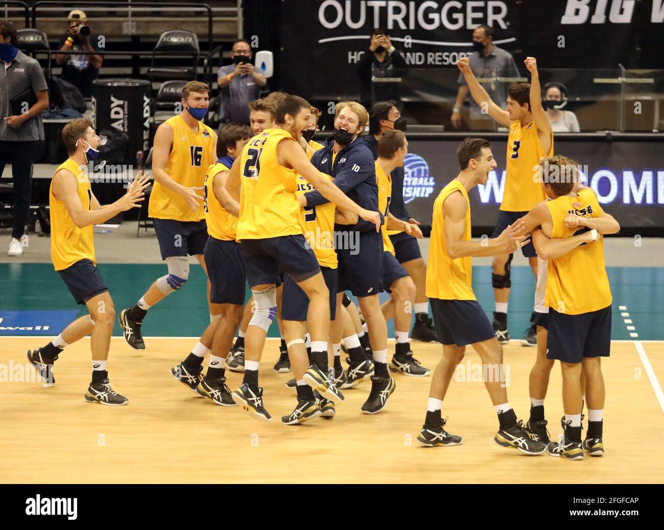Honolulu, Hawaii, USA. April 24 2021: UC Santa Barbara players celebrate as the Gauchos seal the ...
