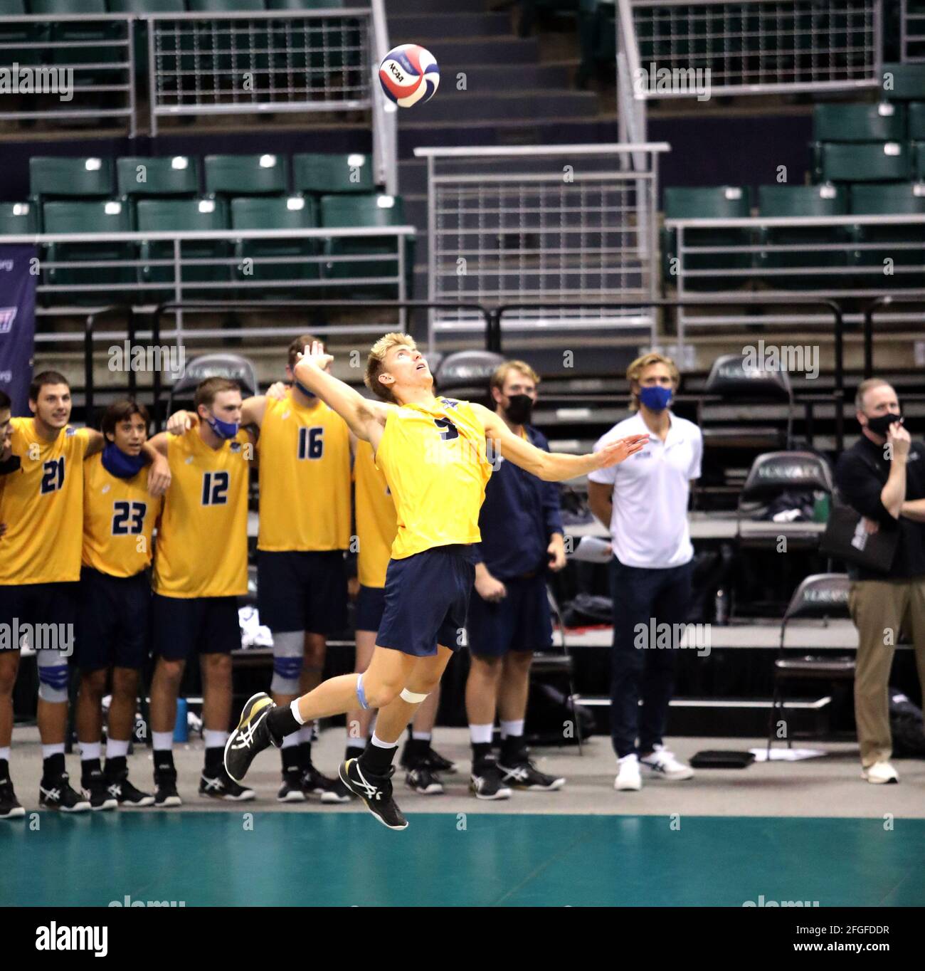 April 24, 2021 - UC Santa Barbara Gauchos outside hitter Ryan Wilcox #9 serves the match point ...