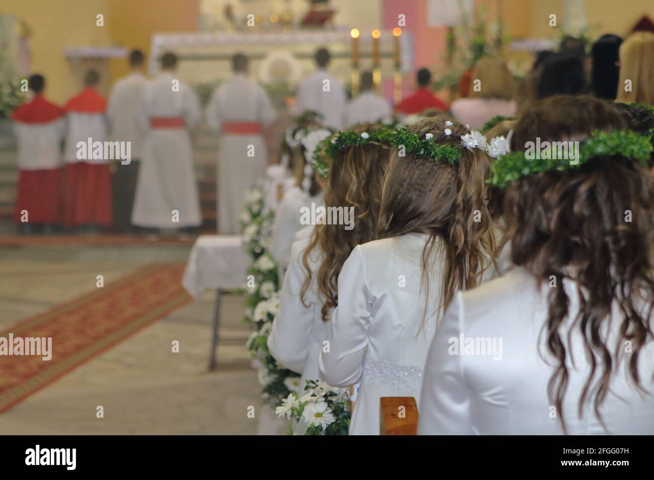 Traditional celebration Fisrt Holy Communion in Catholic church in ...