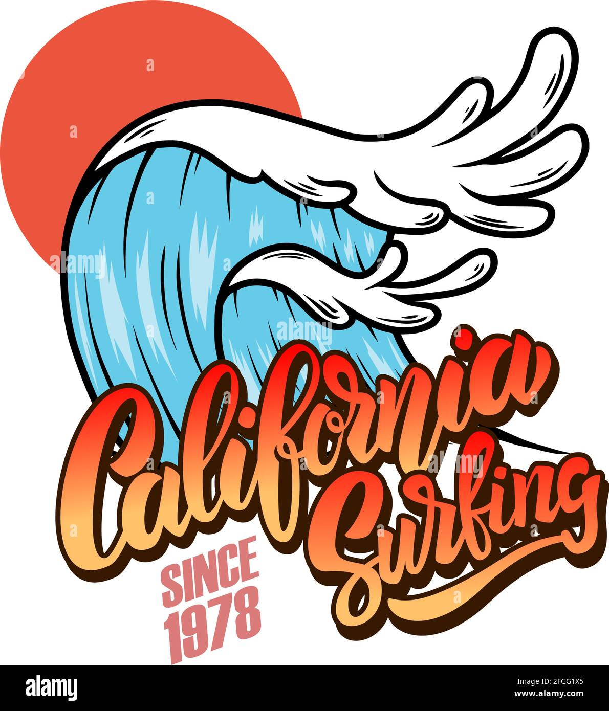 California surfing. Illustration of sea wave with lettering. Design ...