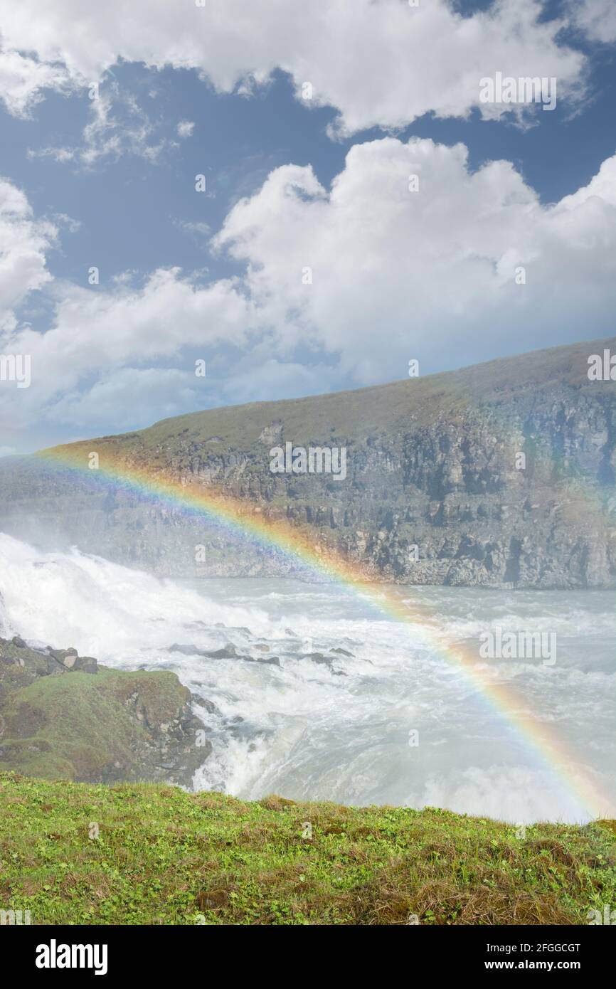 Iceland, Gullfoss waterfall. Captivating scene with rainbow of Gullfoss ...