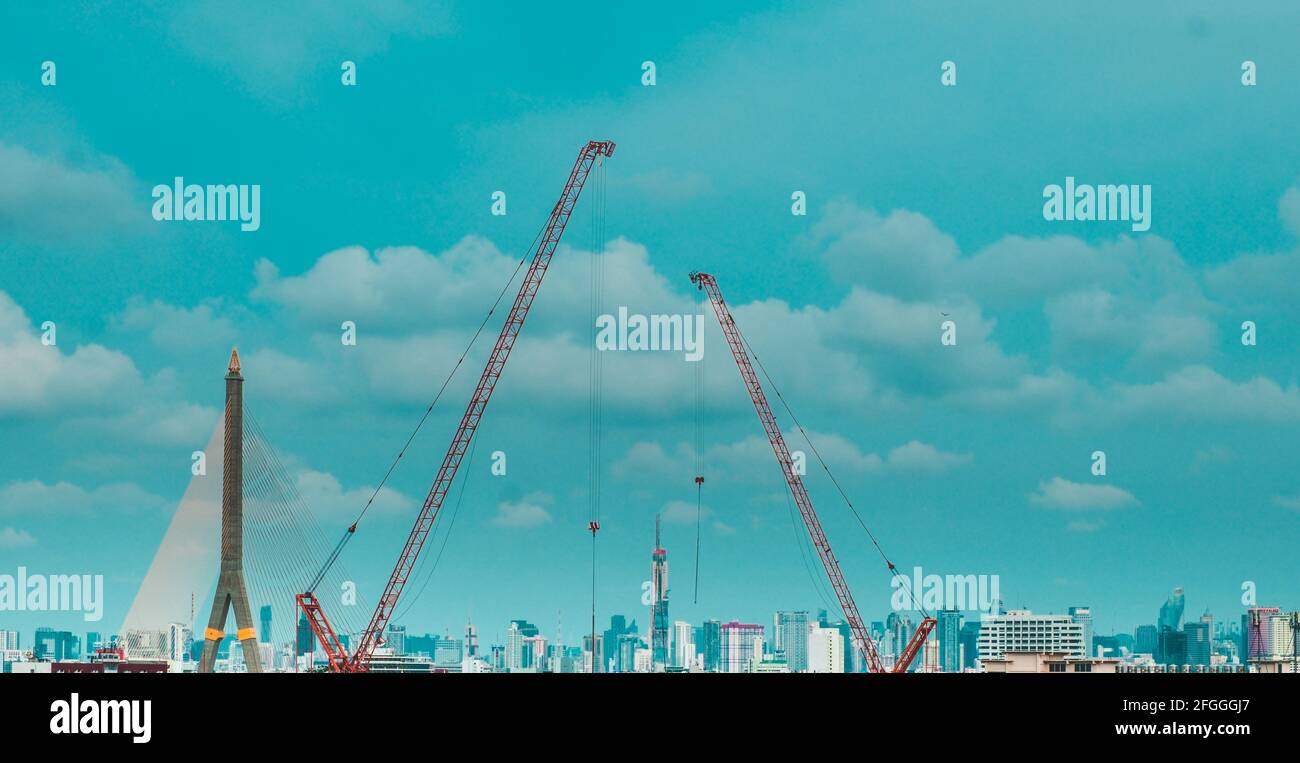Panorama scenic of Construction Skyline with Blue sky Background and ...