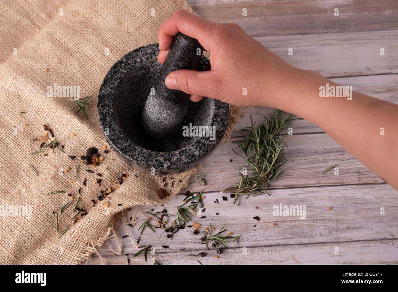 granite mortar for the kitchen Stock Photo - Alamy