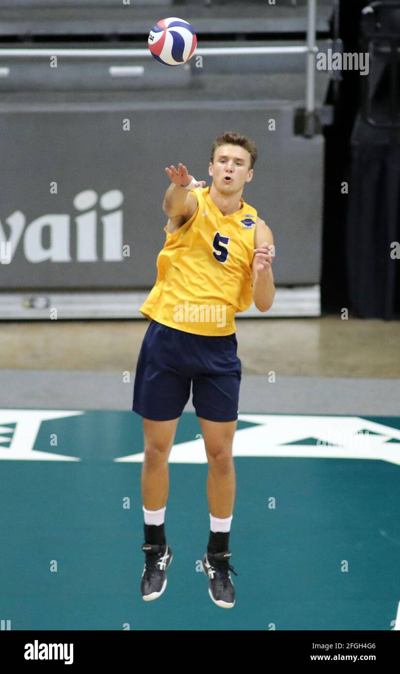 April 24, 2021 - UC Santa Barbara Gauchos middle blocker Keenan Sanders #5 serves during the BWC ...