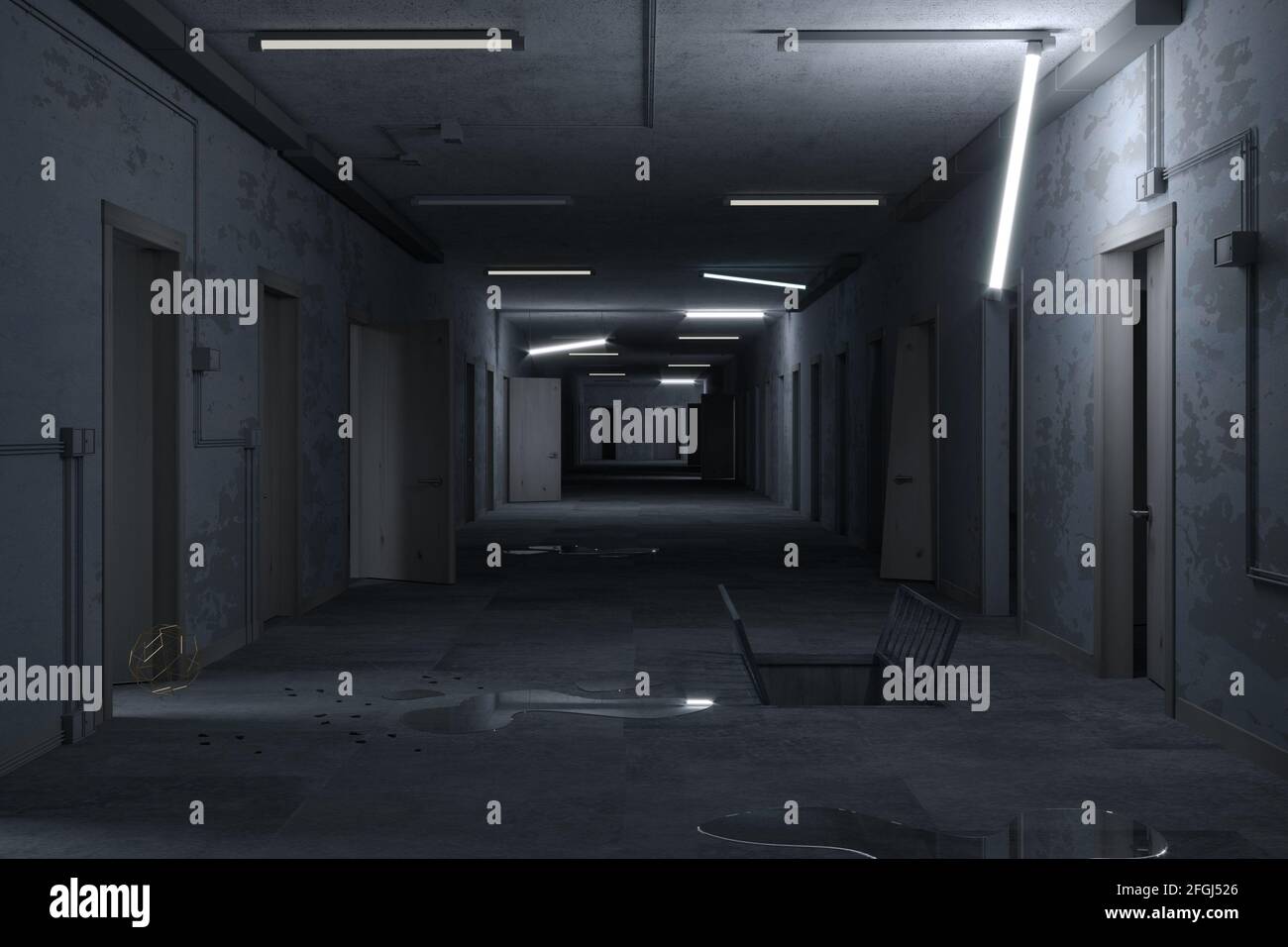 3d illustration. Post-industrial corridor of the secret laboratory ...