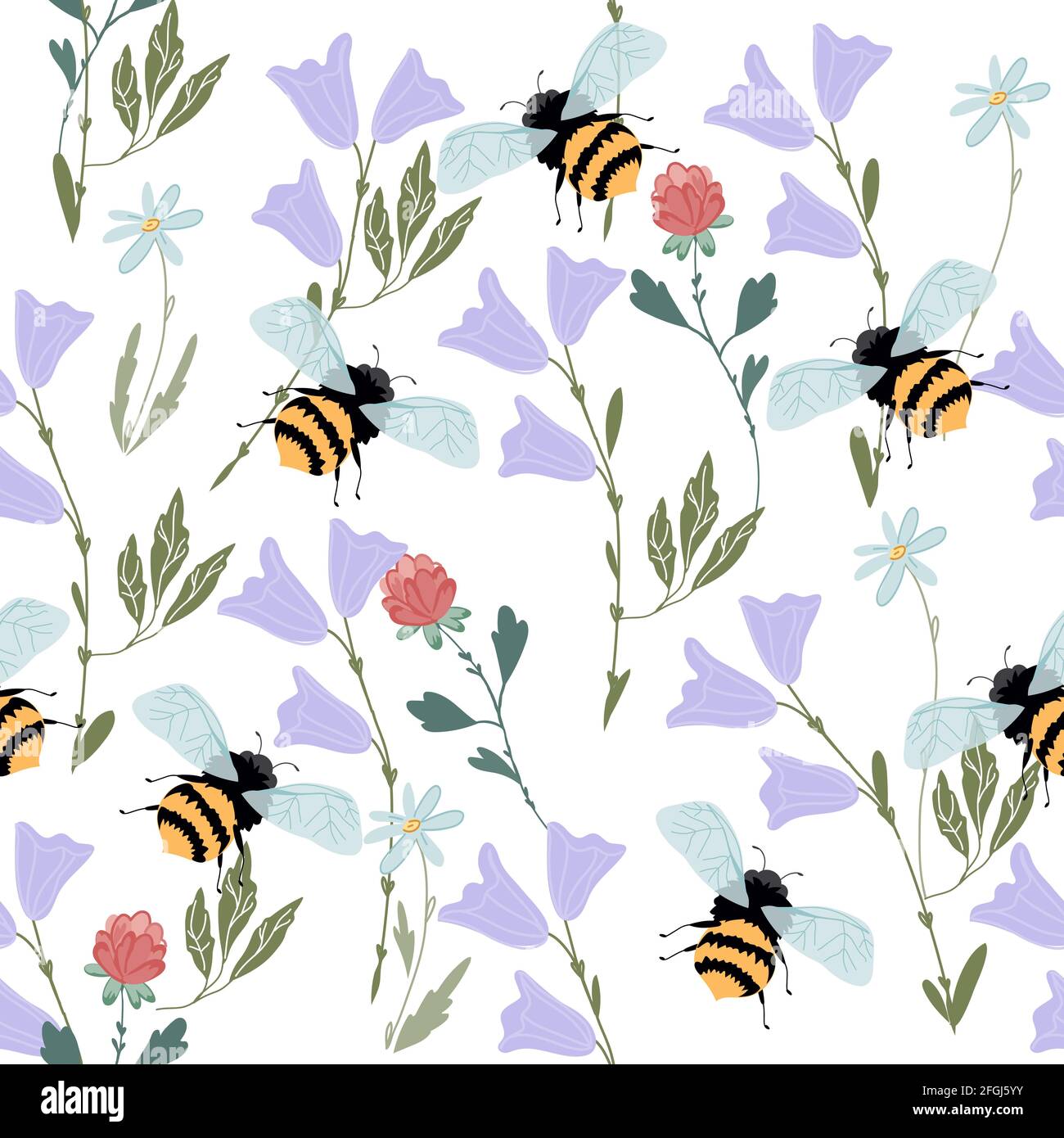Summer seamless pattern with honey bees and flowers, flat vector on ...