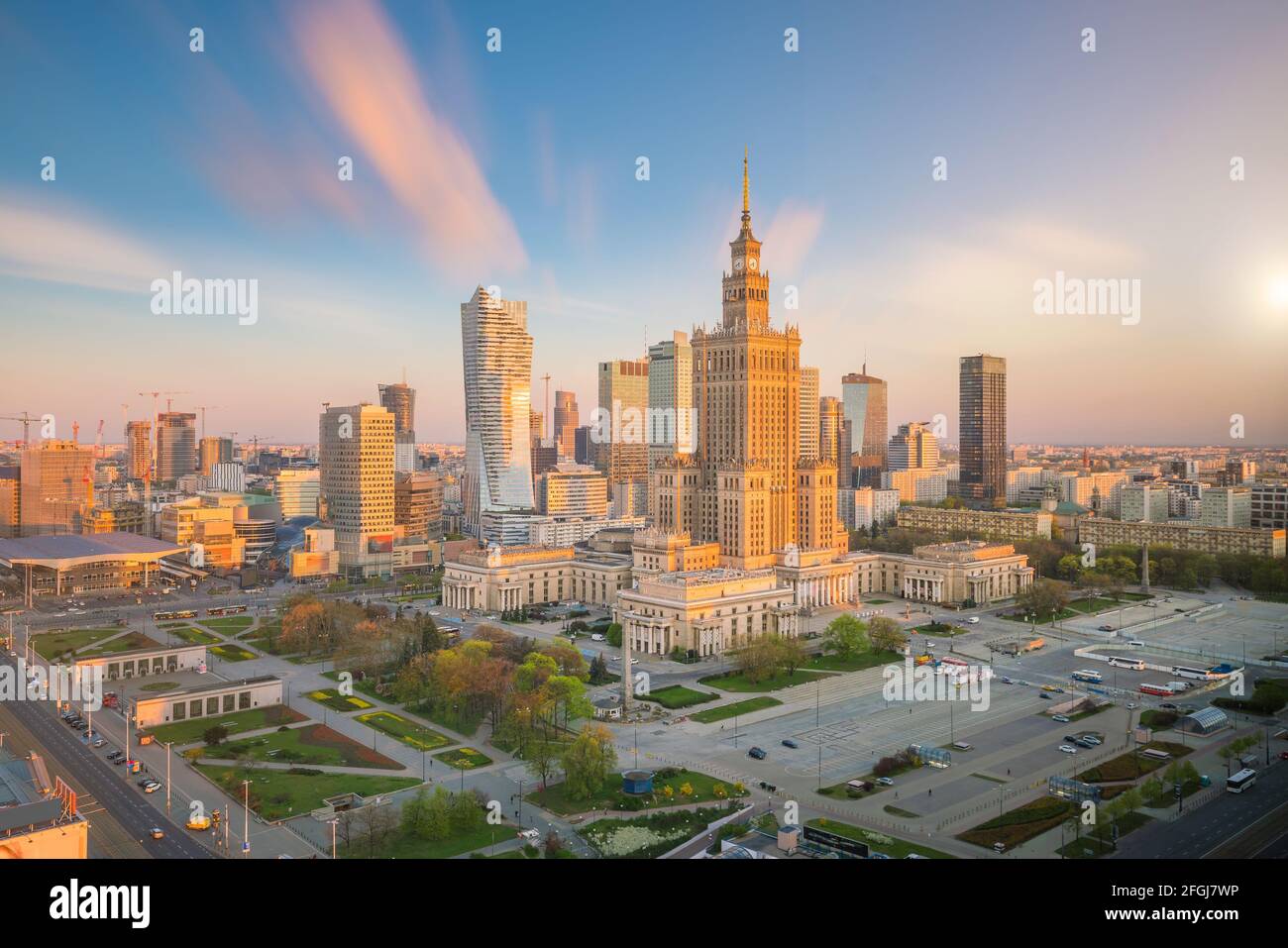 Aerial photo of Warsaw city skyline in Poland at sunset Stock Photo - Alamy