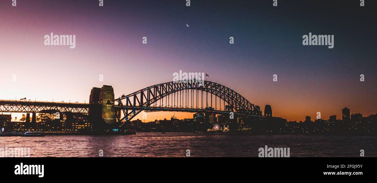 A sublime scenery of the Sydney Harbour Bridge at sunset in Australia ...